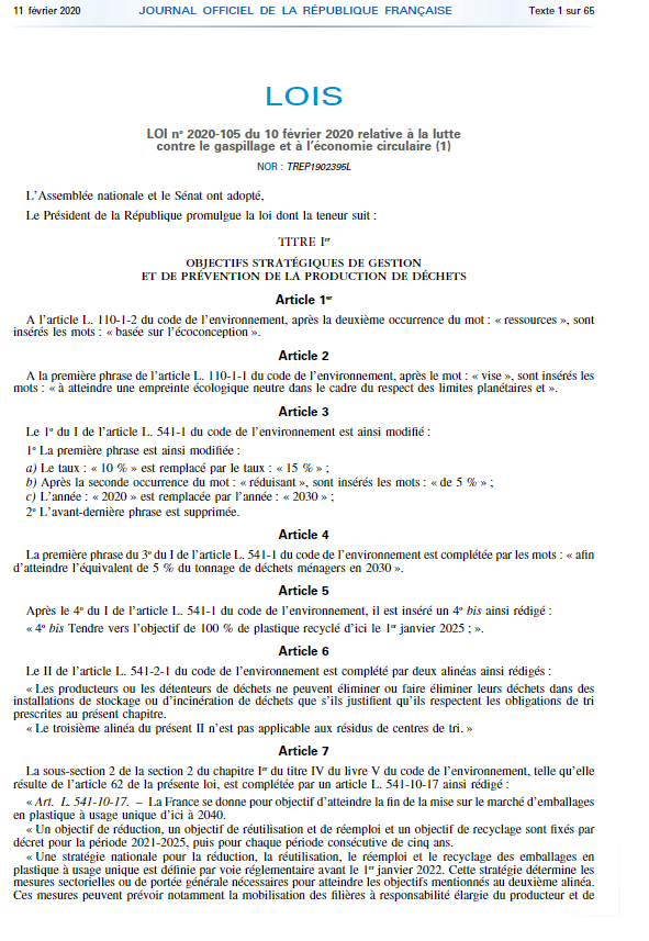 2020 – Loi AGEC – Loi anti-gaspillage pour une économie circulaire ...
